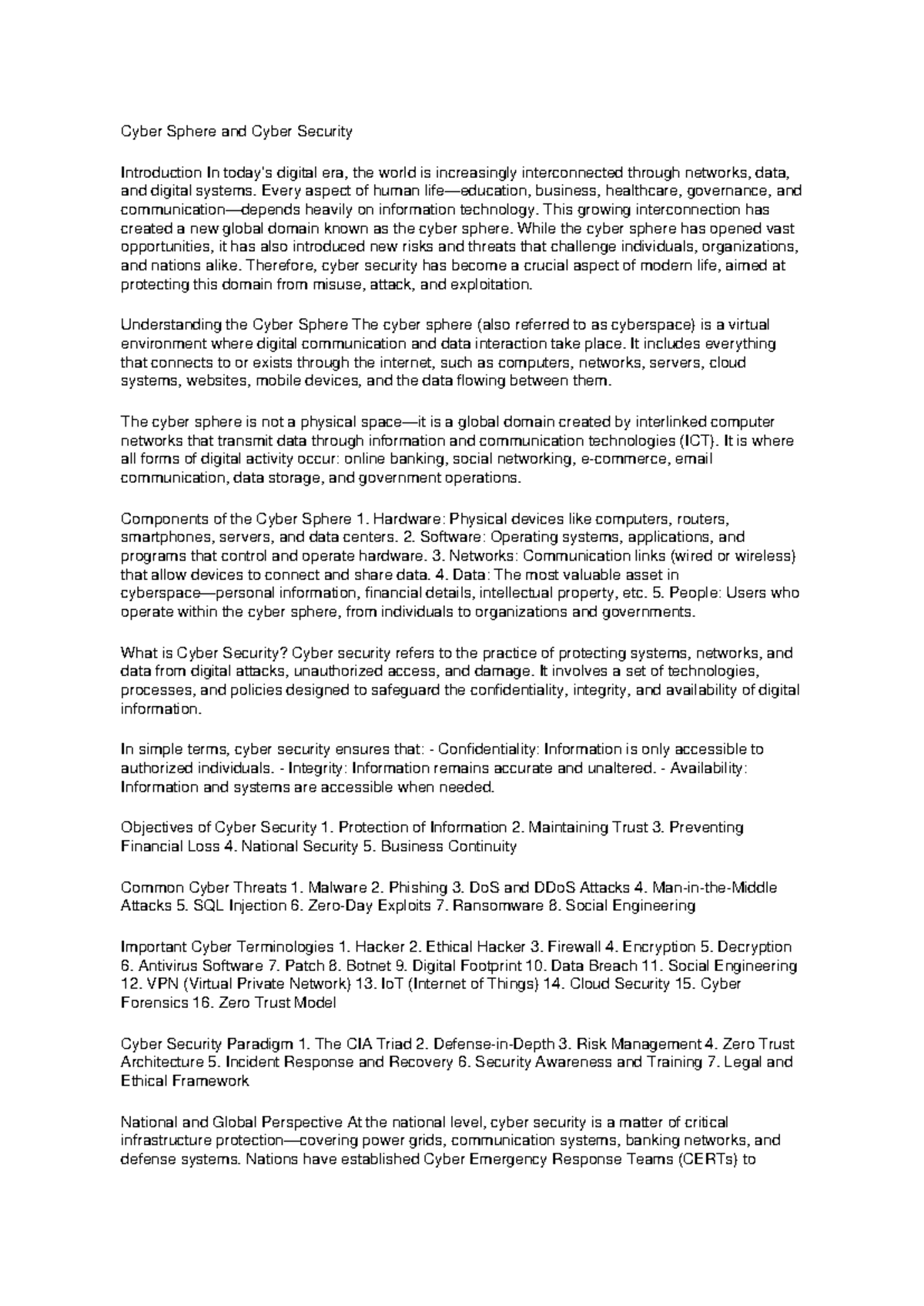 Cyber Security 101: Understanding the Cyber Sphere and Its Risks - Studocu