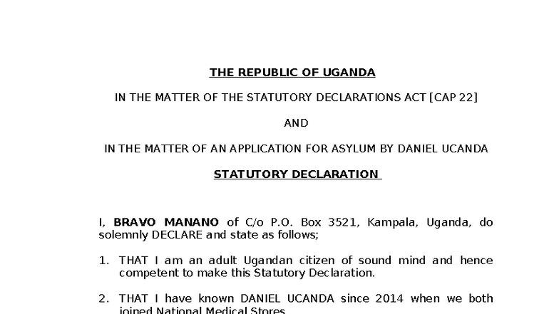Statutory Declaration for Asylum: Daniel Ucanda's Case (UGA SD1) - Studocu