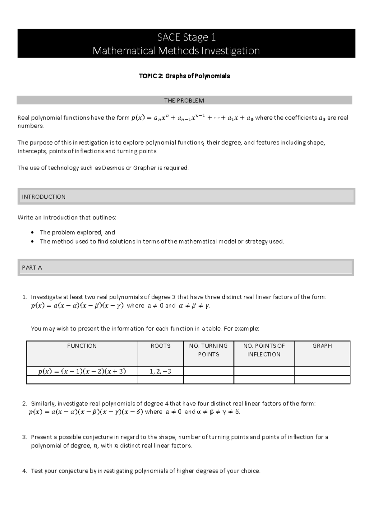 SACE Stage 1 Math Methods Investigation: Polynomials & Graphs - Studocu