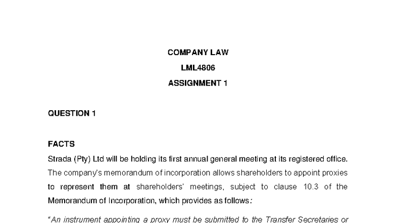COMPANY LAW LML4806 ASSIGNMENT 1: Proxy Appointment Issues and Analysis ...