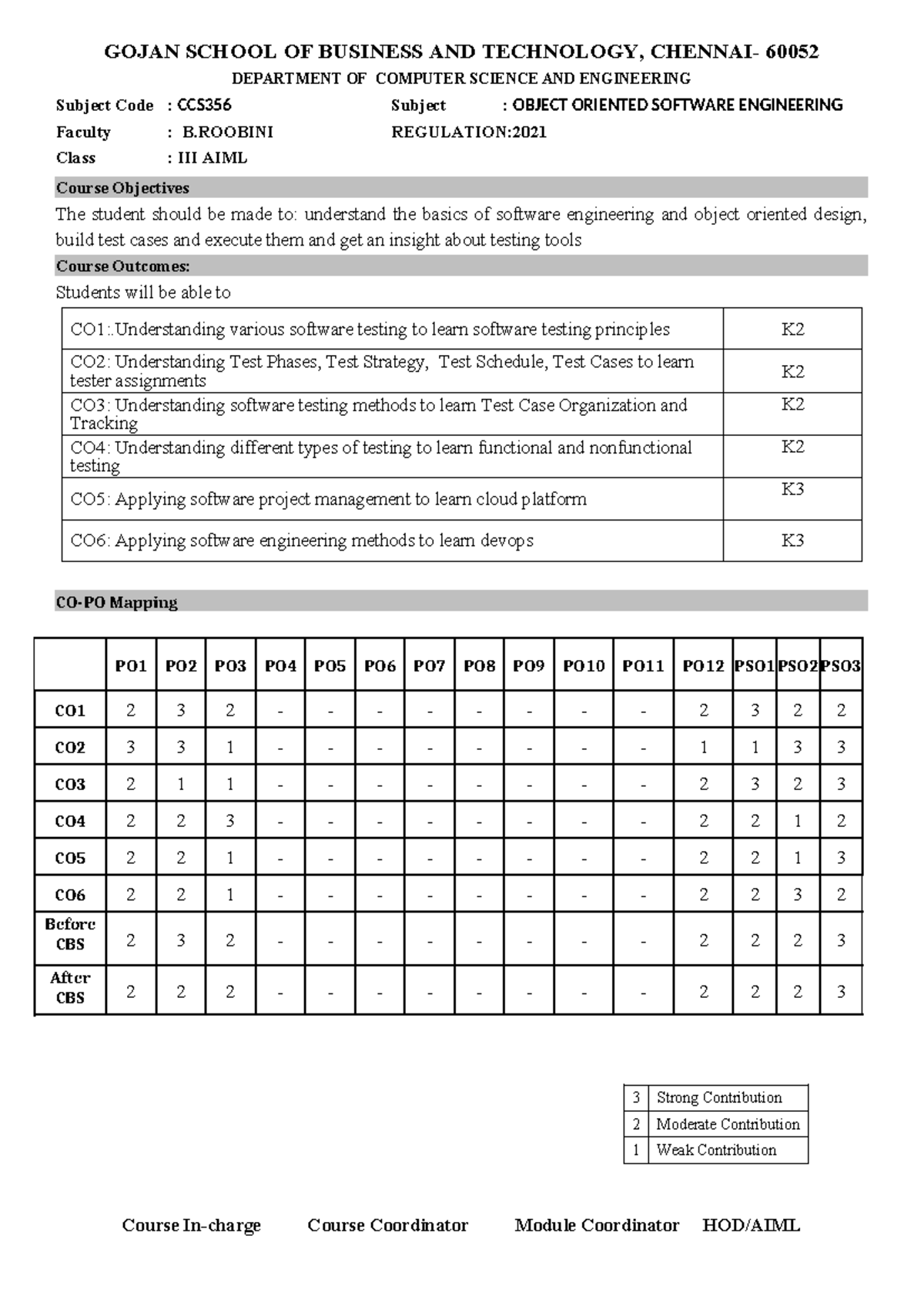 OOSE COPO Mapping 1 - lecturee notes - GOJAN SCHOOL OF BUSINESS AND ...