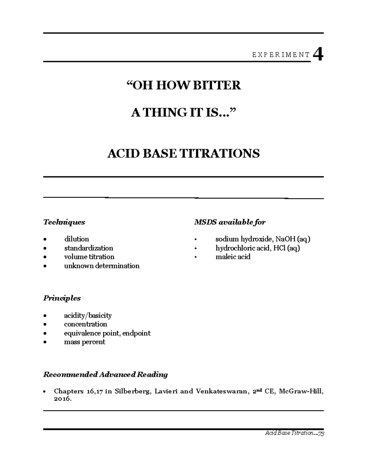 Experiment 4 - Acid Base Titrations: Methods and Key Concepts - Studocu
