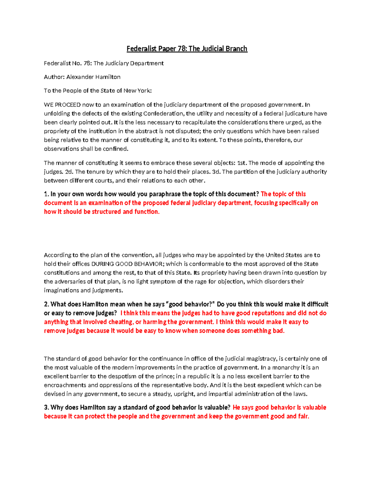 Federalist Paper 78: Analysis of the Judicial Branch by Hamilton - Studocu