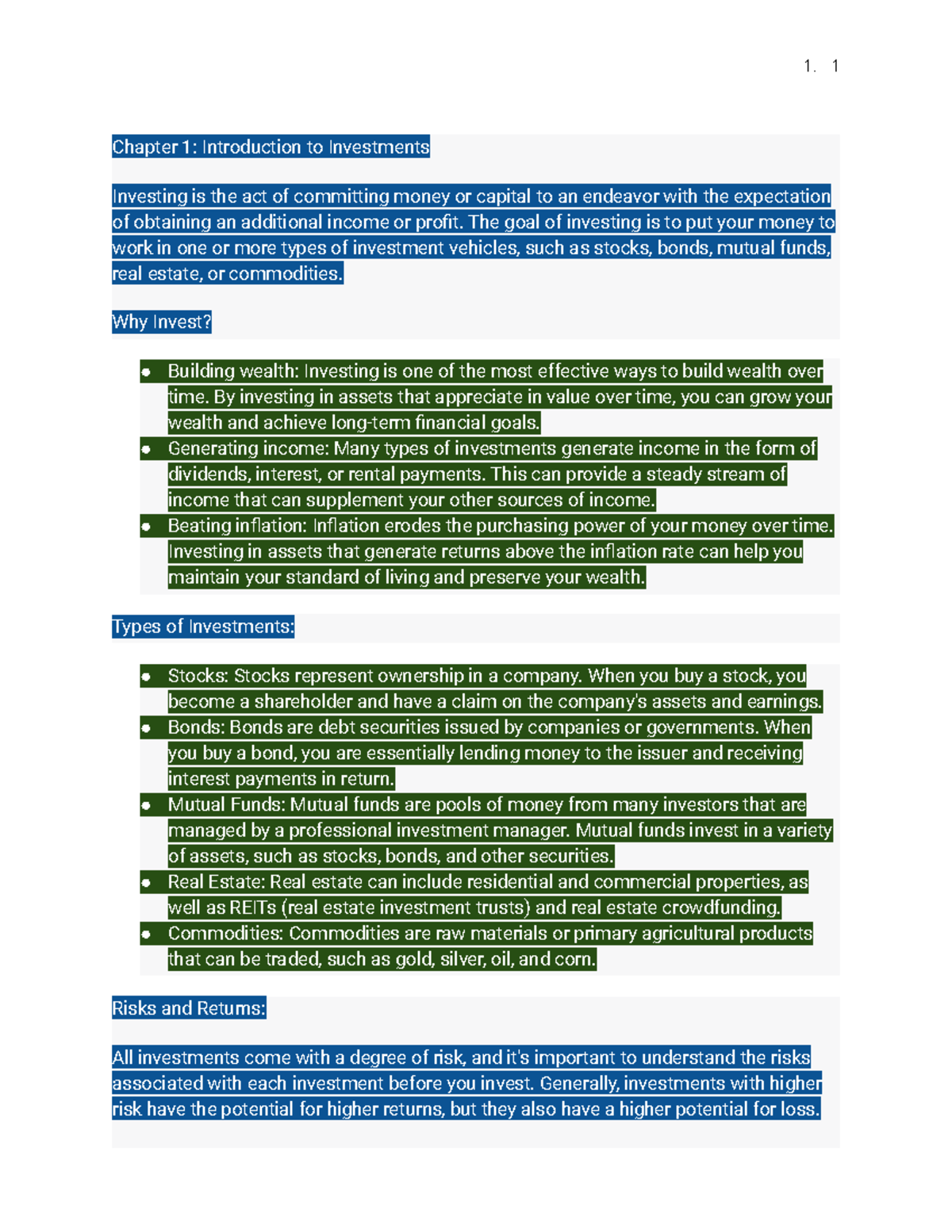 Chapter 1: Intro to Investments - Key Concepts and Strategies - Studocu