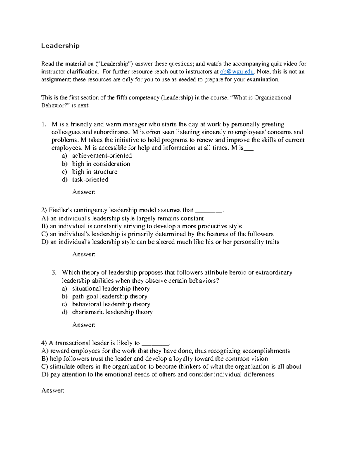Leadership multiple choice questions - Leadership Read the material on ...
