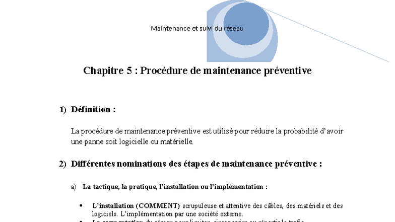 Maintenance et Suivi du Réseau - Chapitre 5 : Procédure Préventive ...