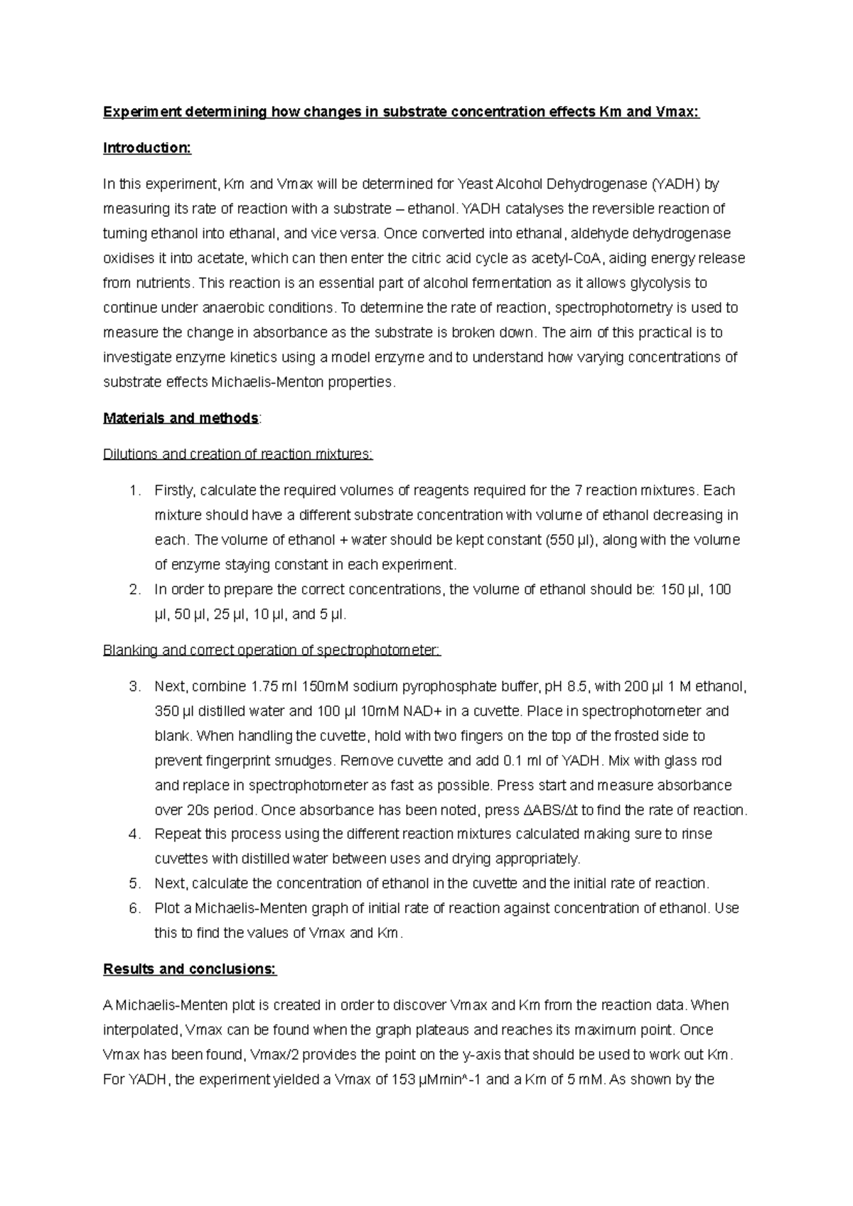 Mini Lab Report: Effects of Substrate Concentration on Km & Vmax - Studocu
