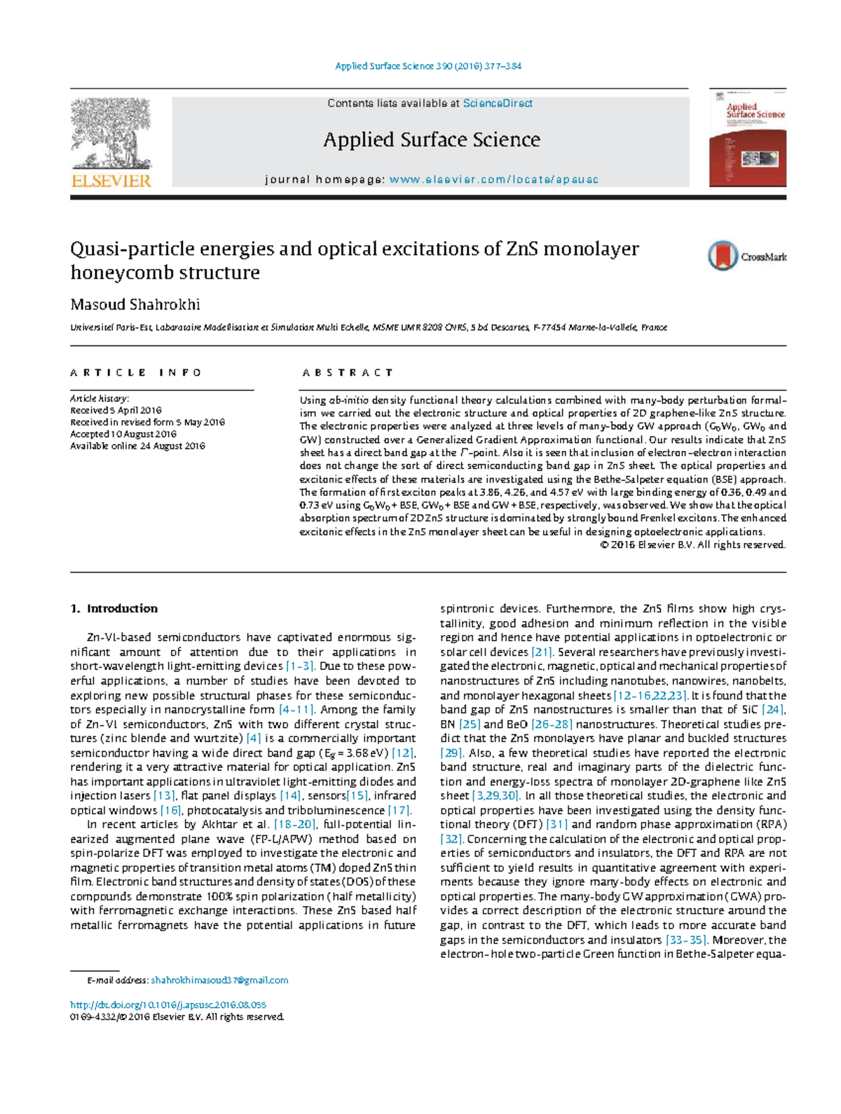 Optical Properties and Excitations of ZnS Monolayer: A DFT Study ...