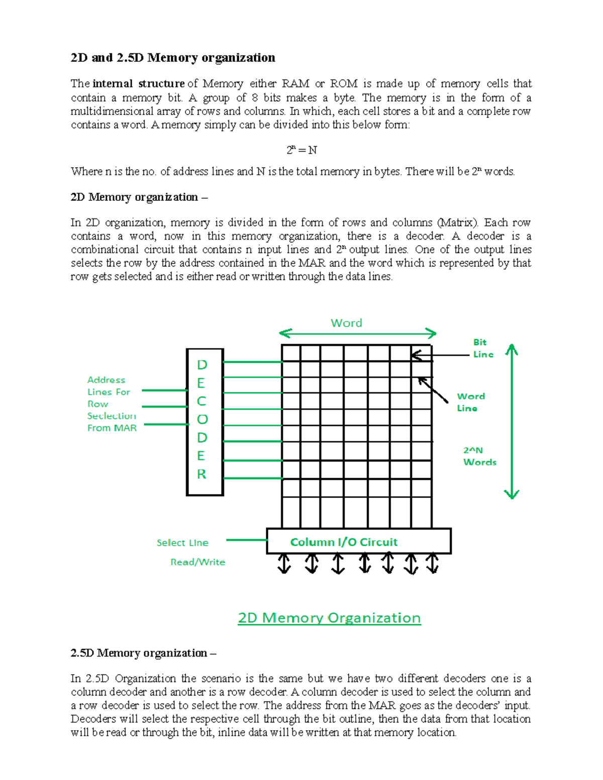 2D and 2 - 2D and 2.5 D - 2D and 2 Memory organization The internal structure of Memory either ...