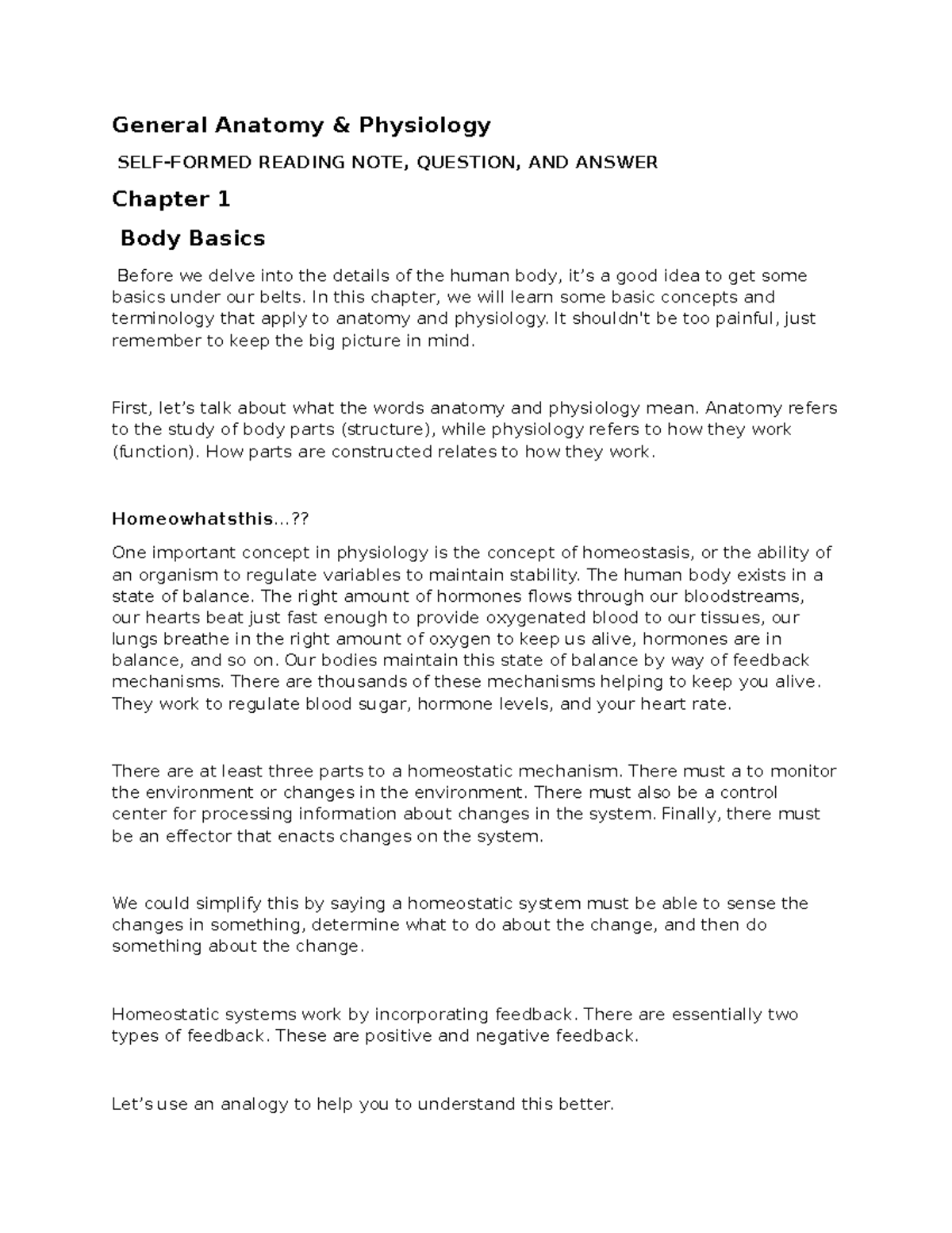 General Anatomy & Physiology: Chapter 1 Body Basics Notes - Studocu