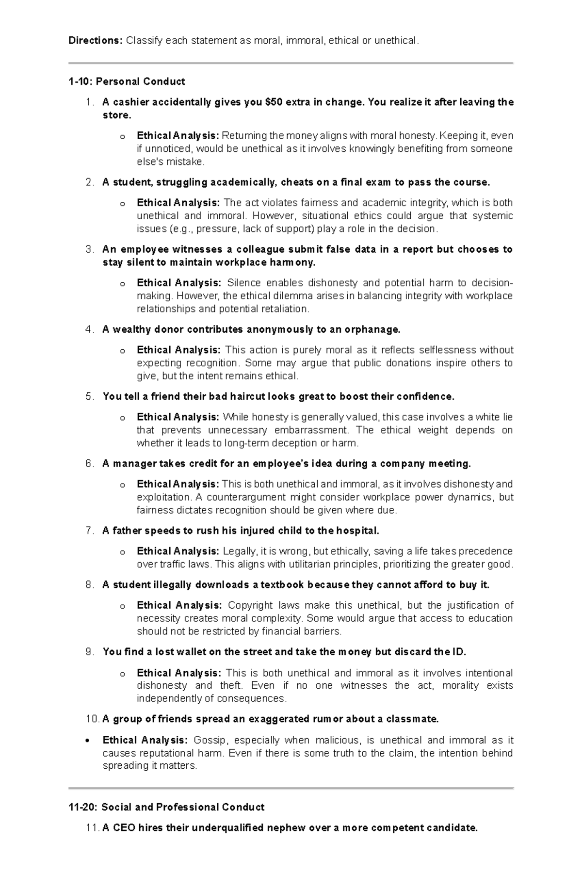 Morals and Ethics Questions - Directions: Classify each statement as ...