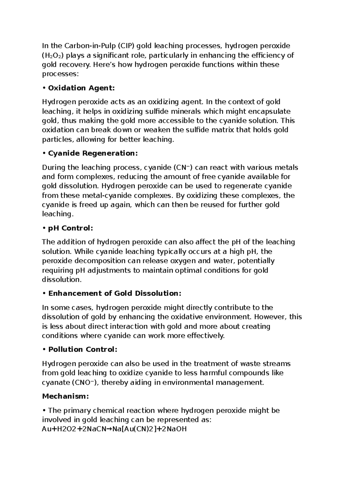 Hydrogen Peroxide in CIP Gold Leaching Processes: Role & Mechanisms ...
