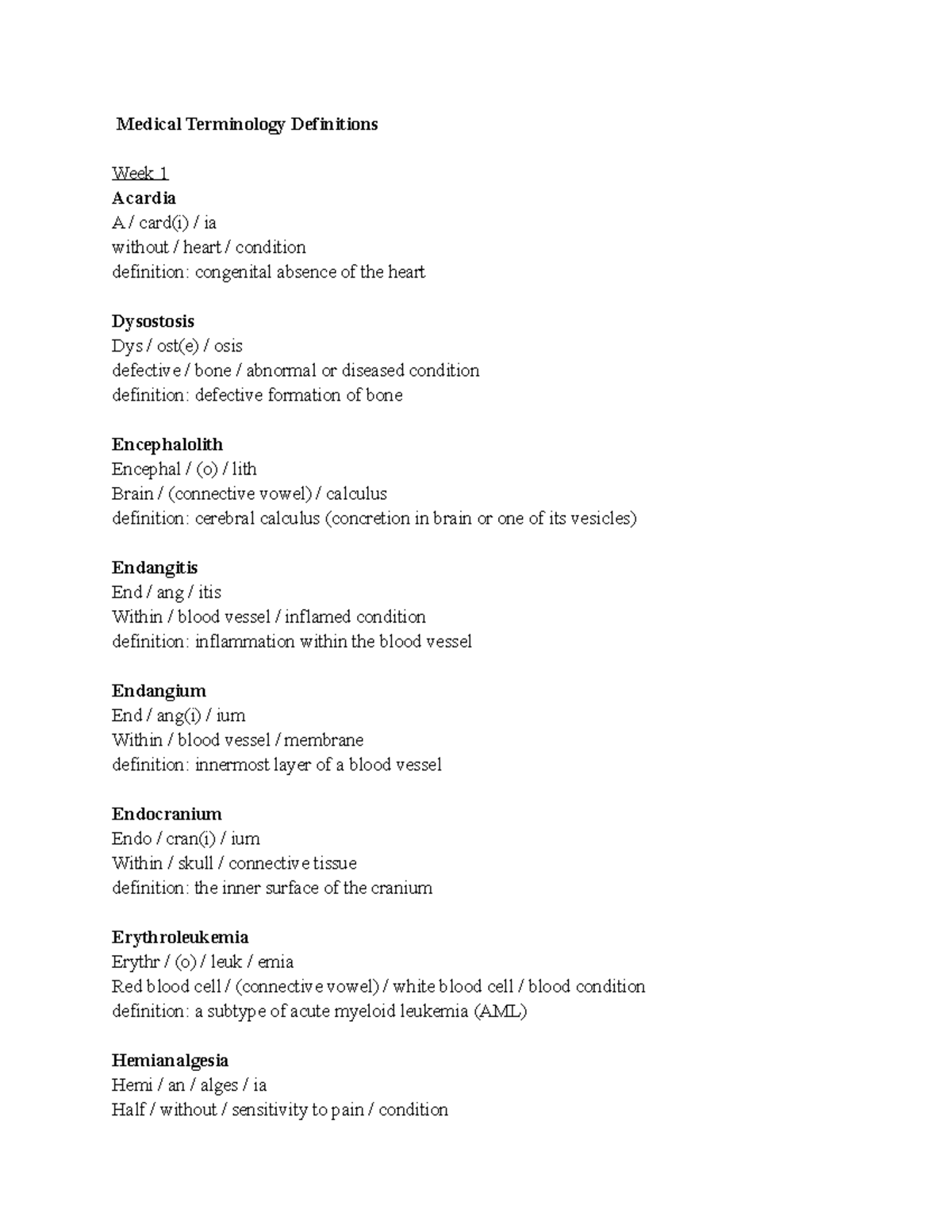 Medical Terminology Definitions: Week 1 to 5 (Course Code: MED101 ...