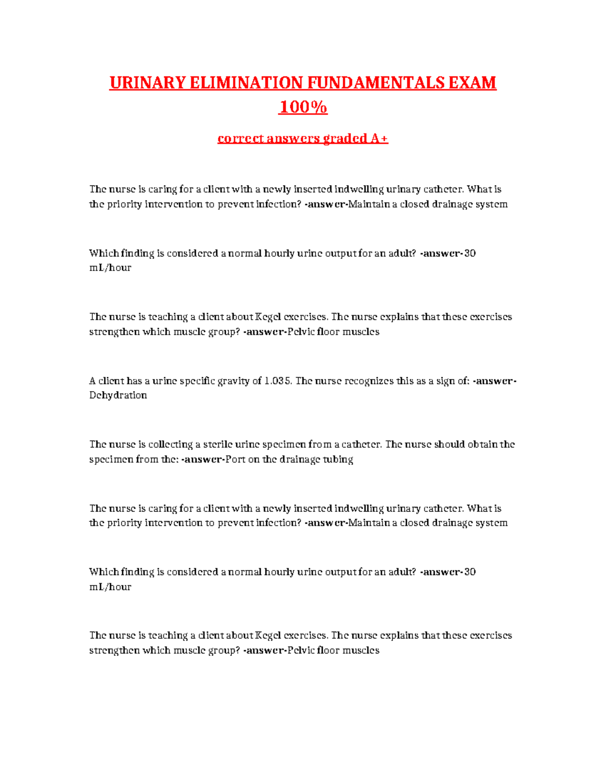 URINARY ELIMINATION FUNDAMENTALS EXAM: Key Concepts & Answers - Studocu