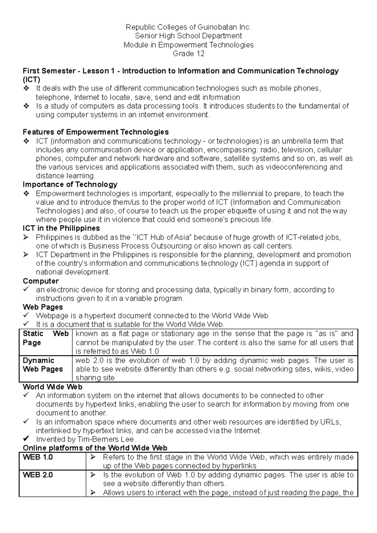 Empowerment Technologies: Grade 12 Module on ICT and Online Safety ...