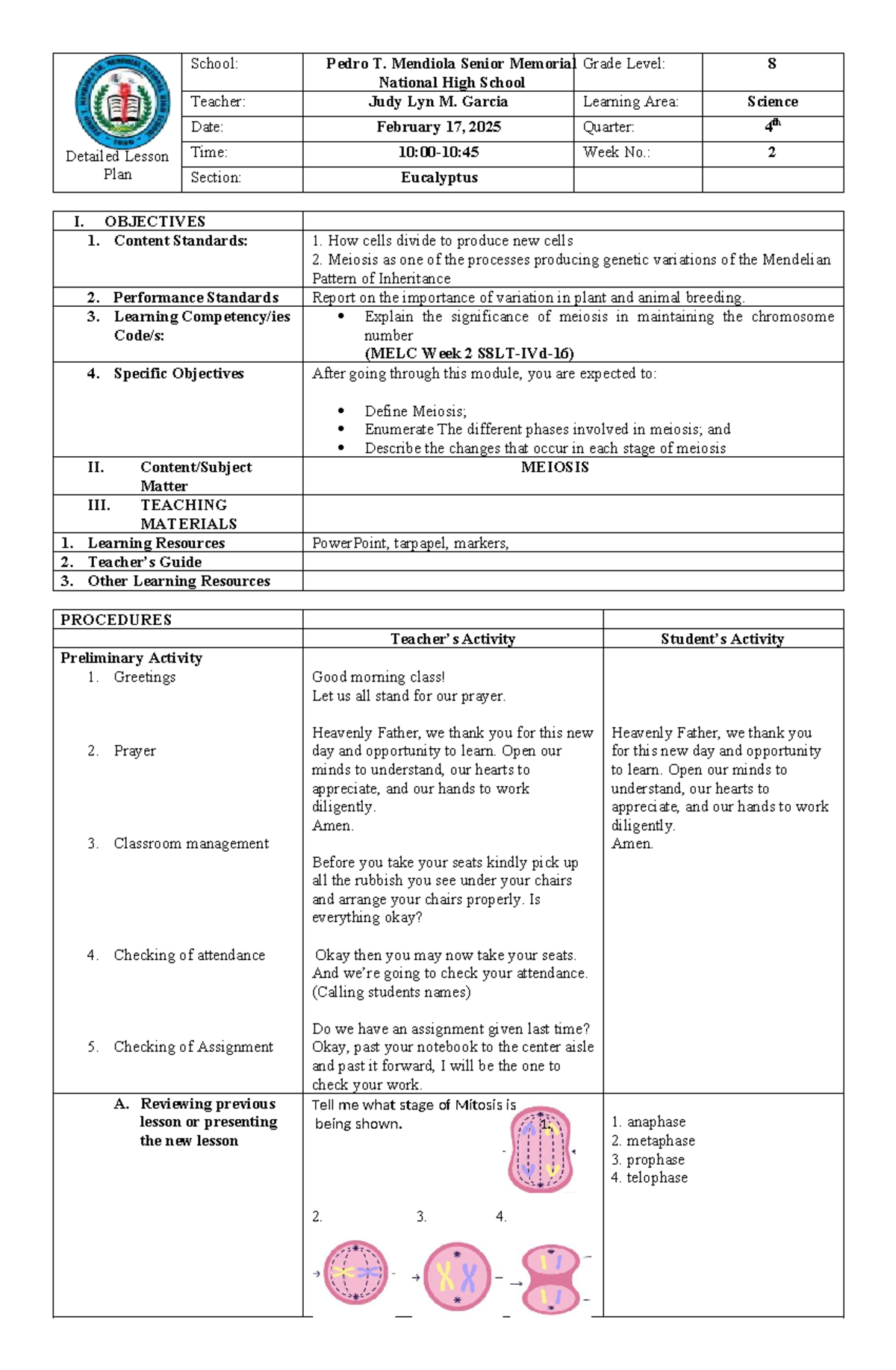 Meiosis - may this help somehow? - Detailed Lesson Plan School: Pedro T ...