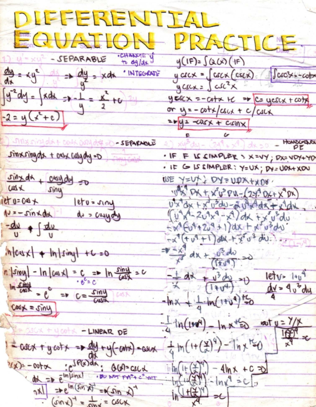 Differential Equation Notes - DIEFERENTIAL EQUATION PRACTICE SEPARABLE ...