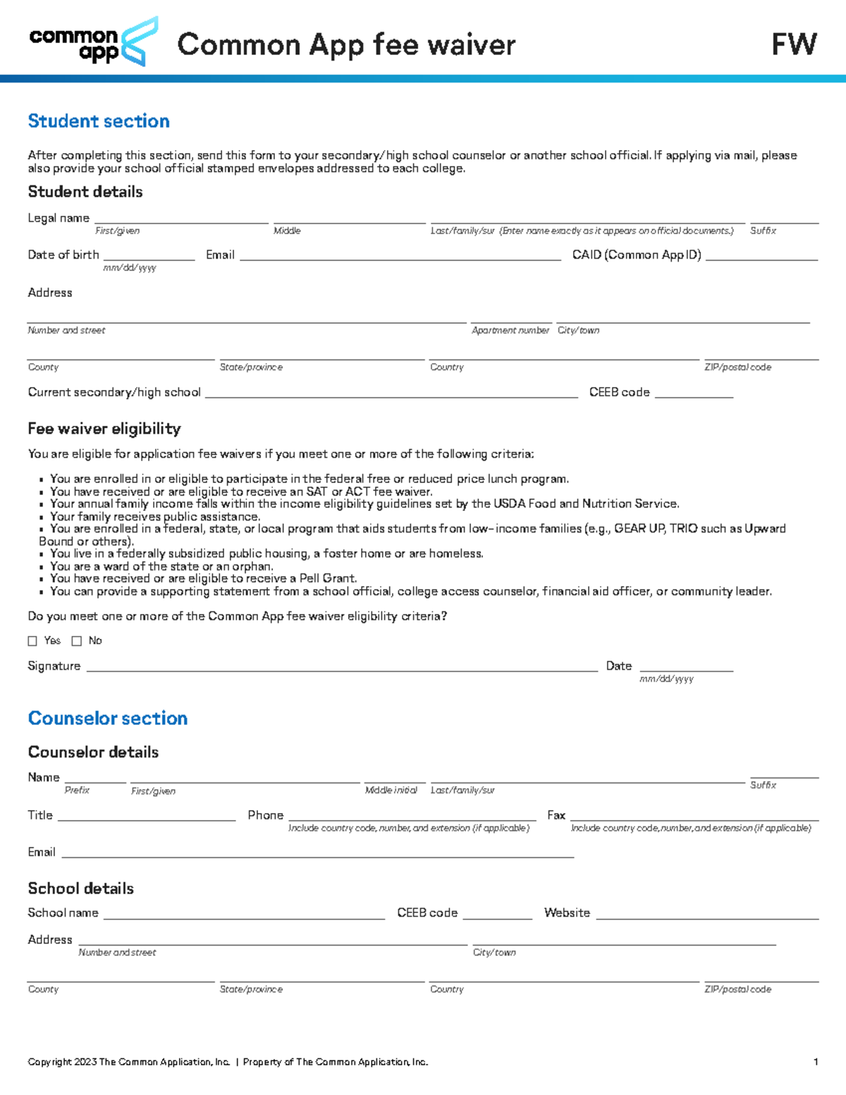 Common App Fee Waiver Form Instructions for Students - Studocu