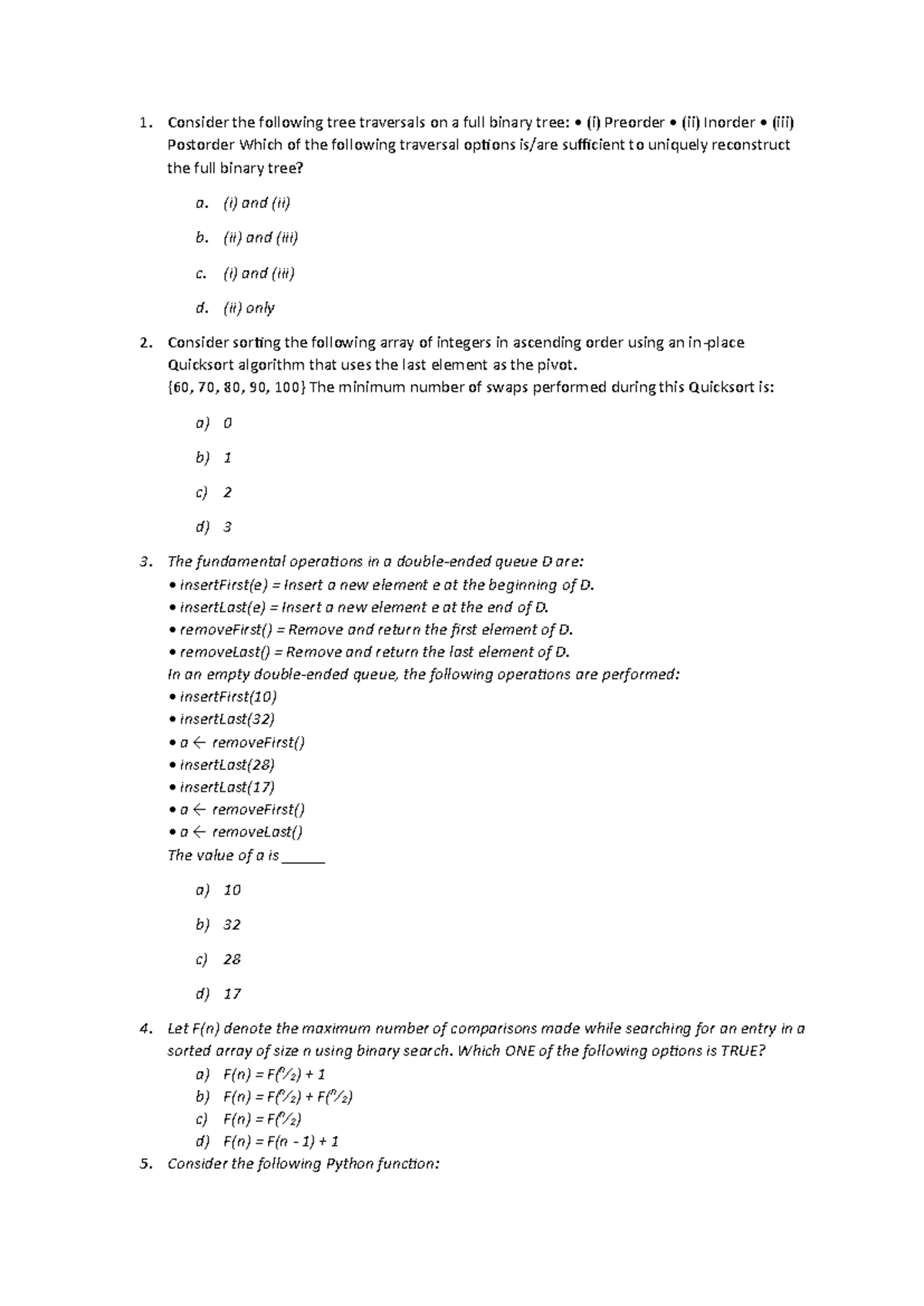 Data Structures - Practice Questions for Comprehensive AI&ML Coursework - Studocu