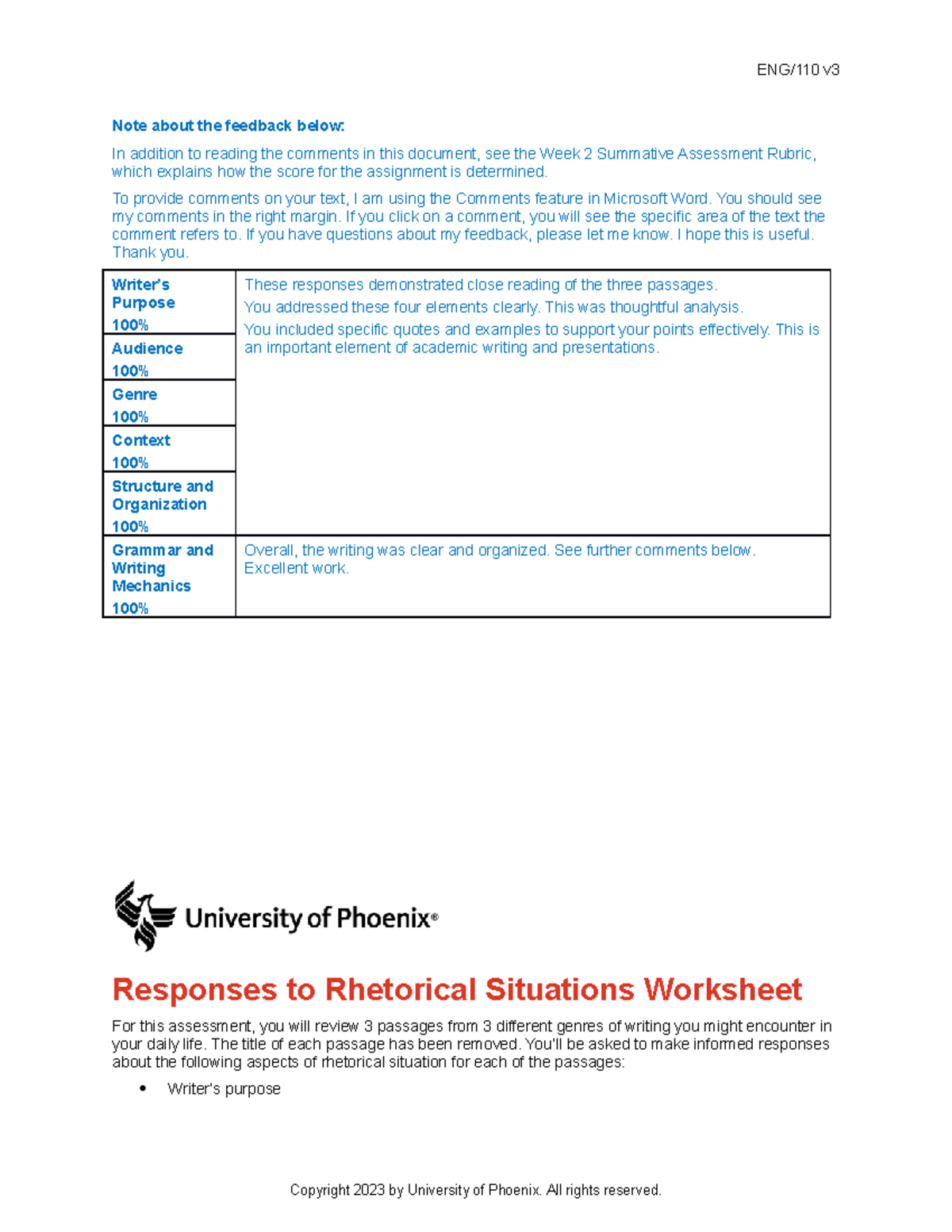ENG/110 v3 Week 2 Rhetorical Situations Worksheet Responses - Studocu