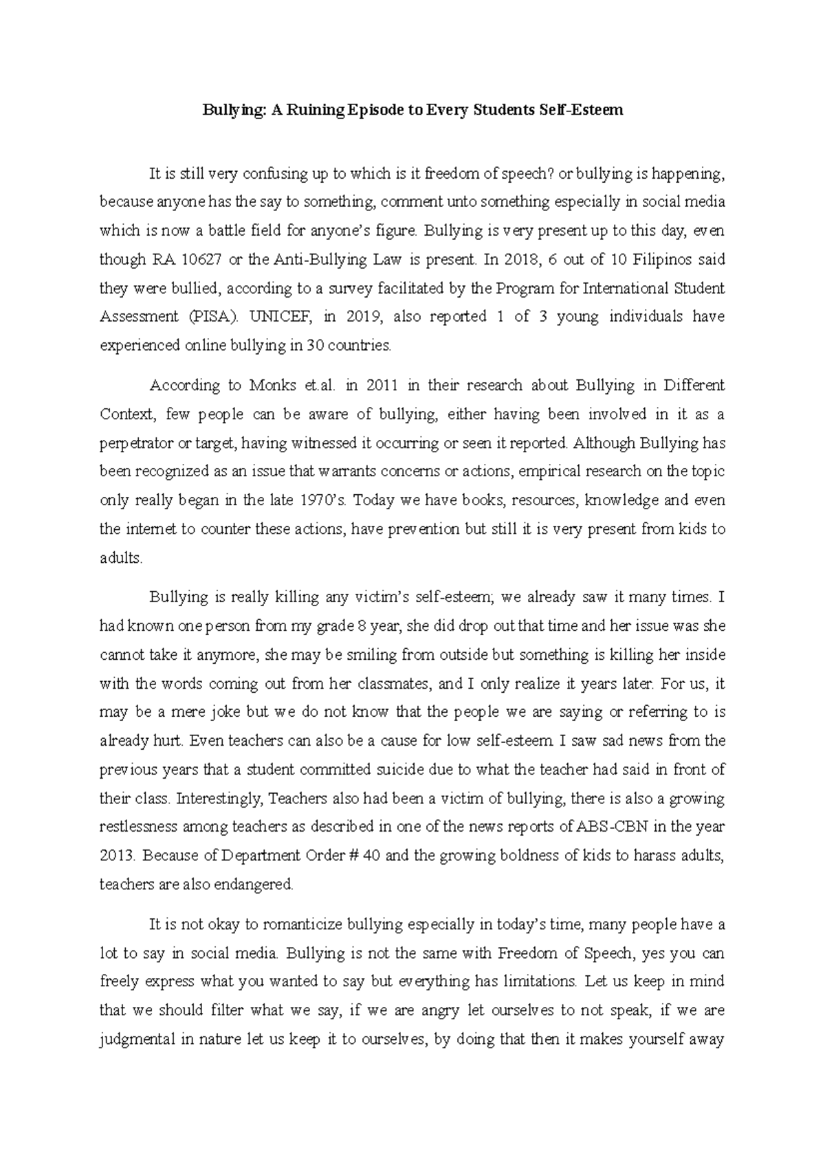 Position Paper on Bullying: Impact on Students' Self-Esteem - Studocu
