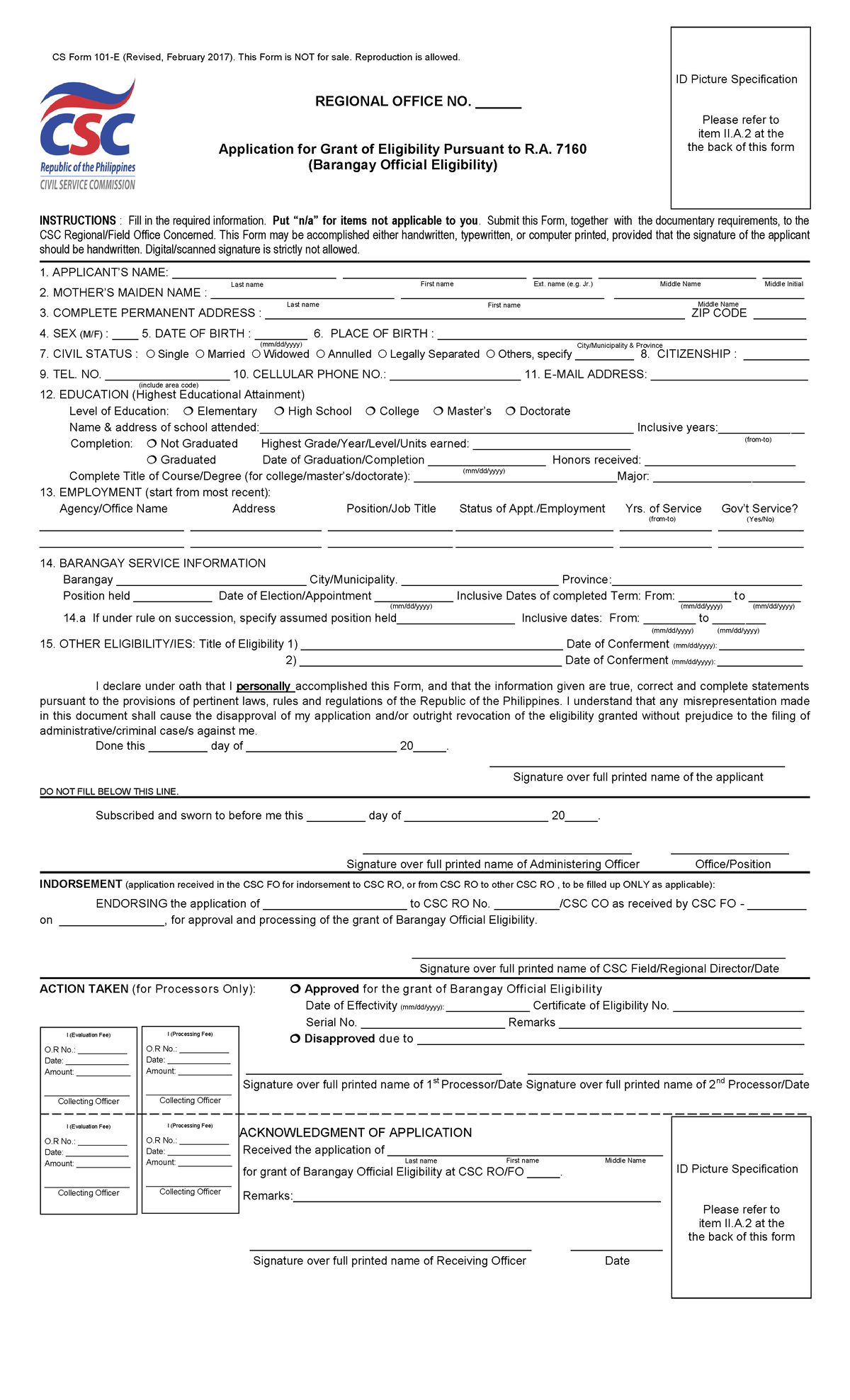 CS Form 101-E: Application for Barangay Official Eligibility - Studocu