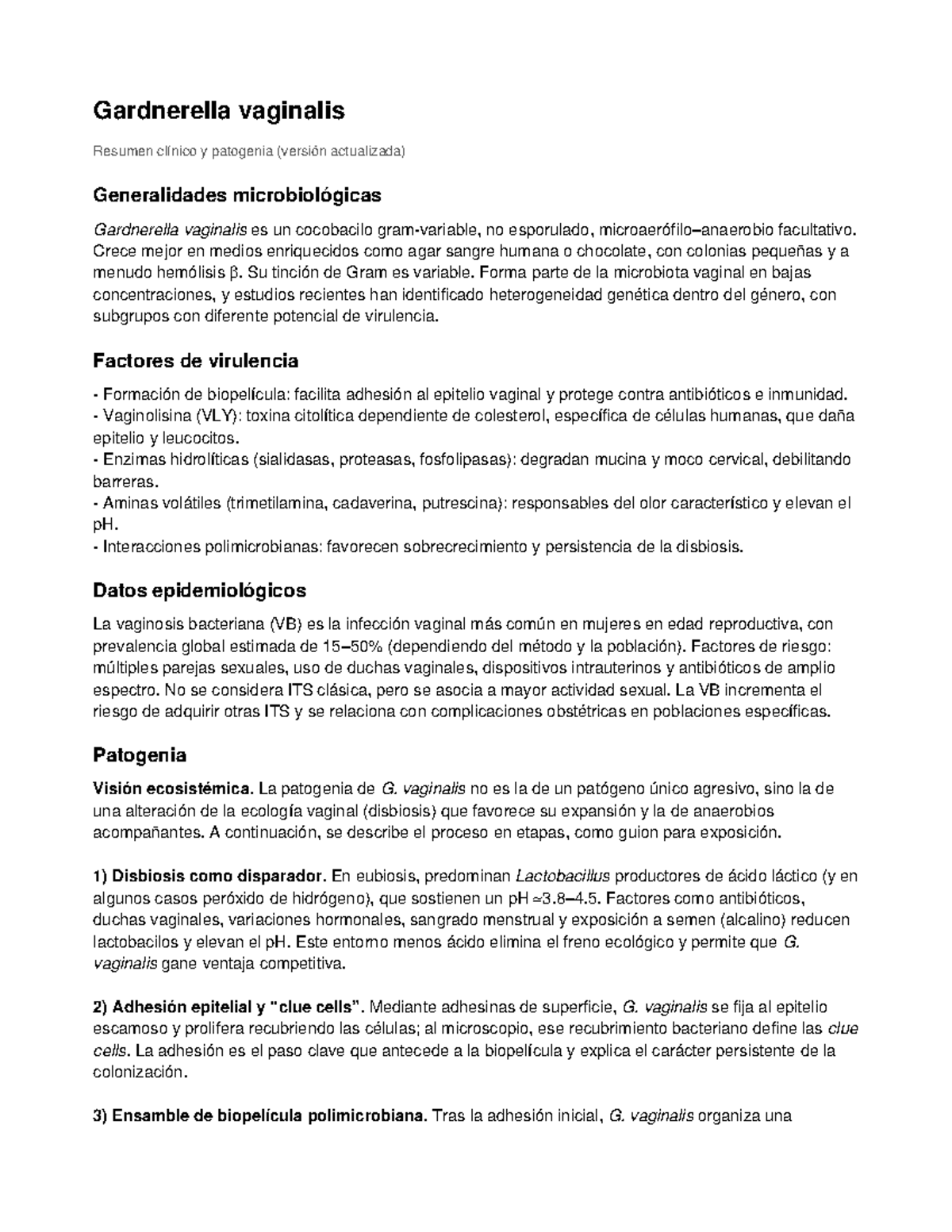 Resumen clínico y patogenia de Gardnerella vaginalis (Actualizado) - Studocu