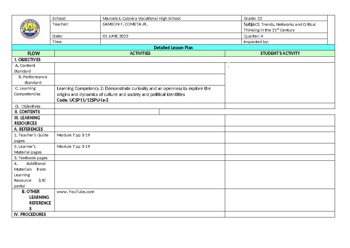 Lesson Plan for COT 2: Trends, Networks & Critical Thinking in 21st ...