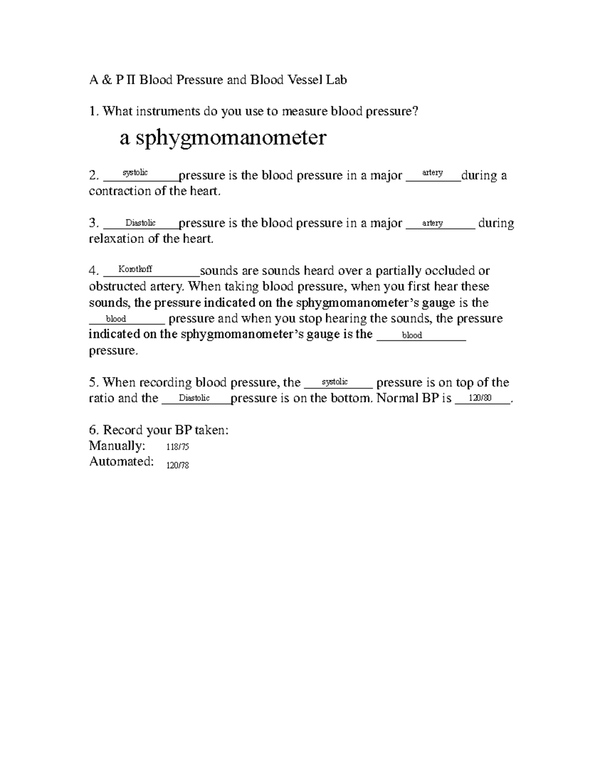 A&P II Blood Pressure Lab Worksheet: Measurement and Concepts - Studocu