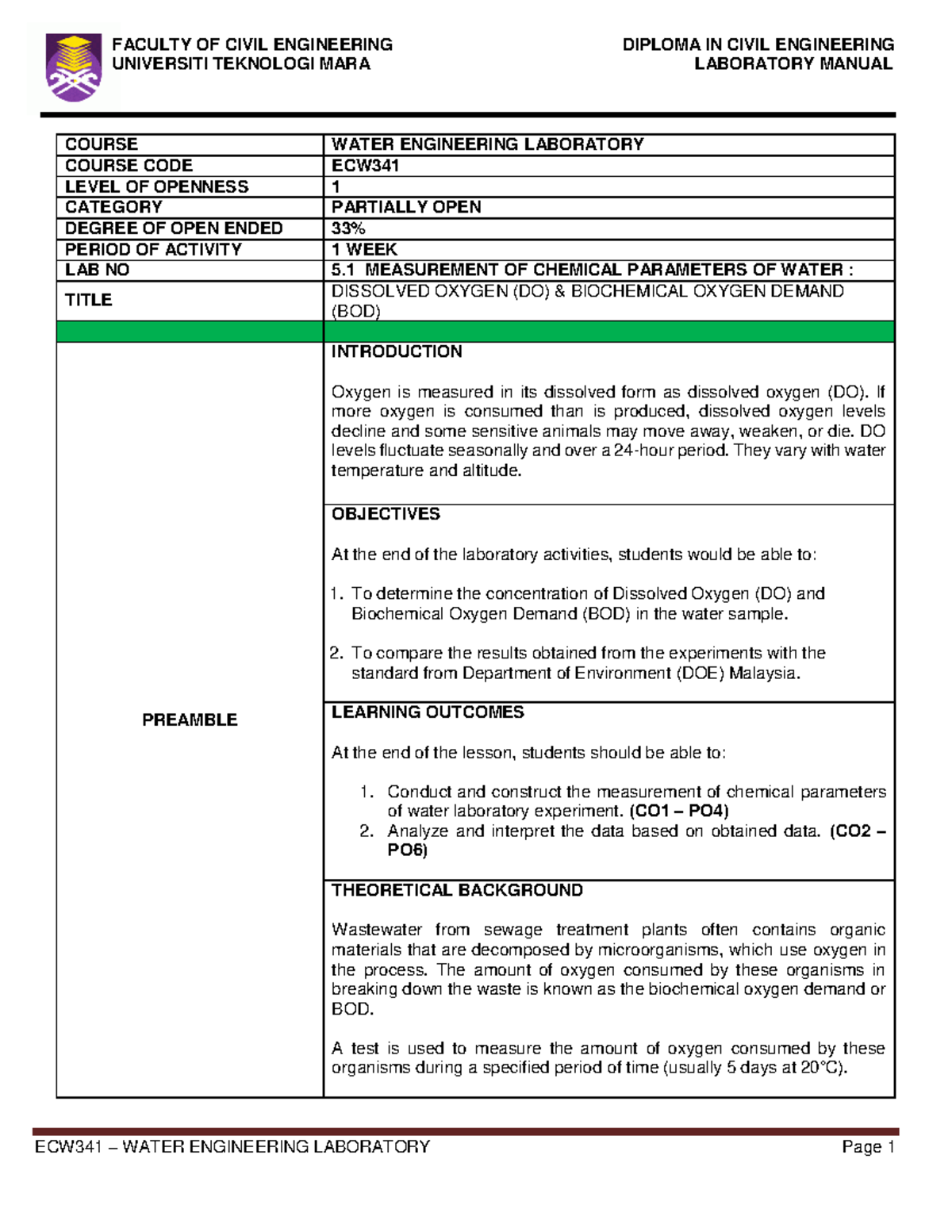 Lab Manual ECW341 - Level 1 DO & BOD Measurement Procedures - Studocu