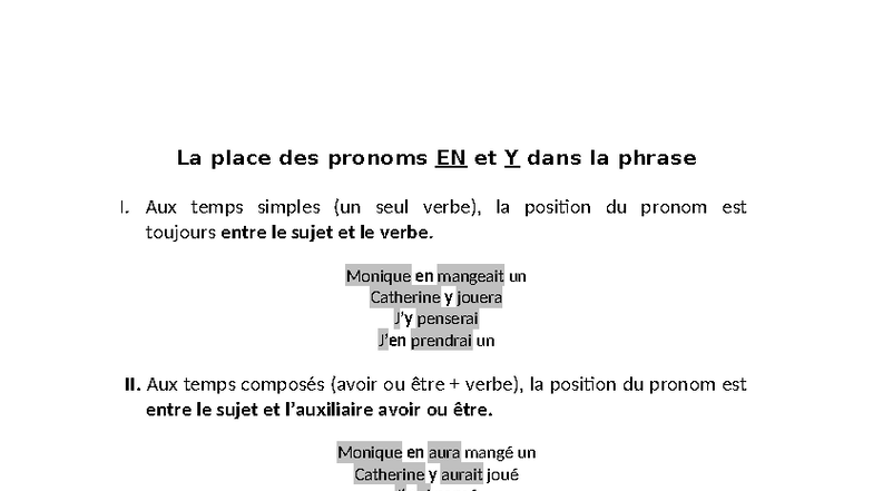 La place des pronoms EN et Y dans la phrase - Cours de grammaire - Studocu