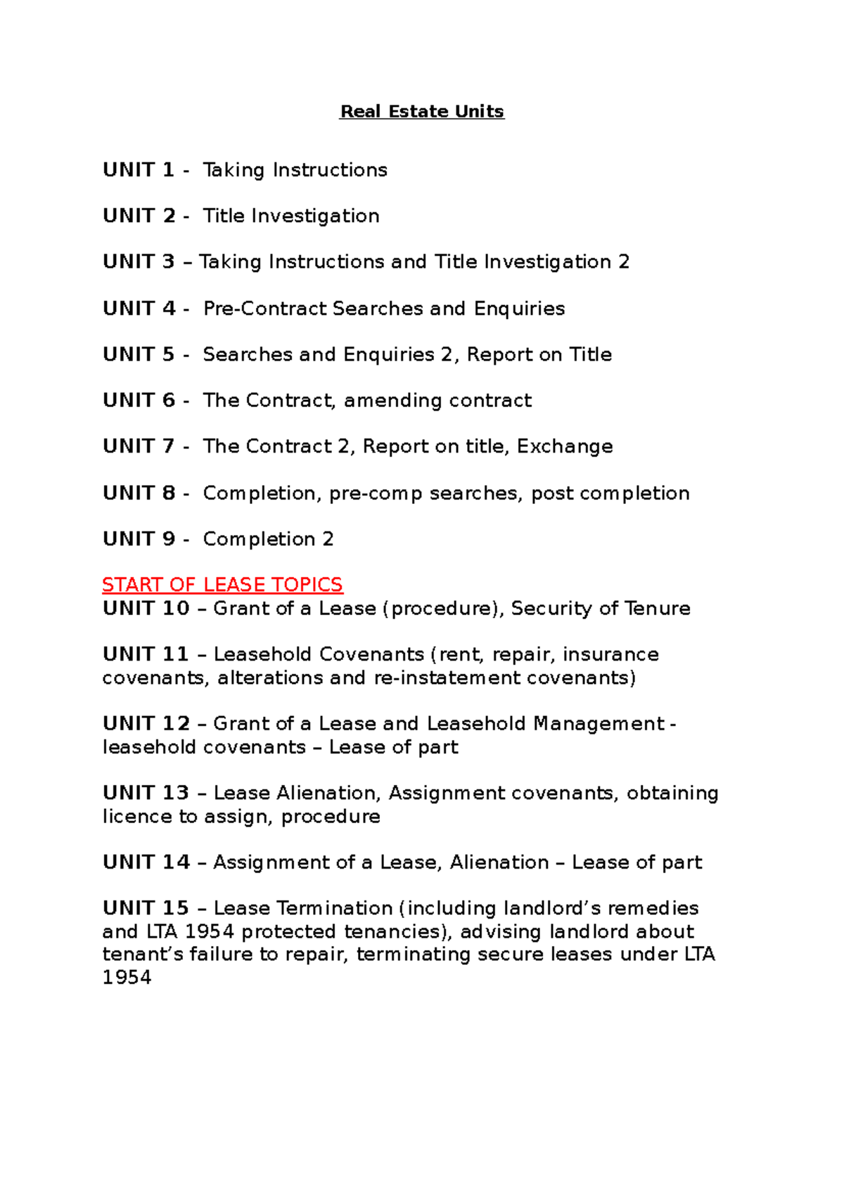 Real Estate Units Overview: Key Topics and Procedures - Studocu