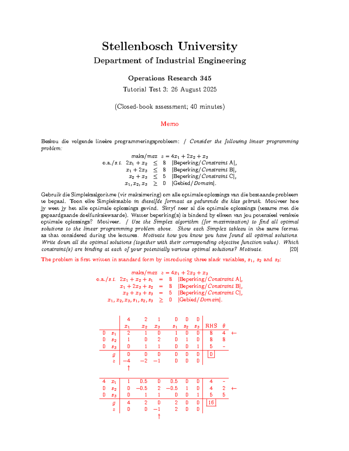 ON 345 Tutorial Test 3 (2025) Memo: Simplex Method Solutions - Studocu