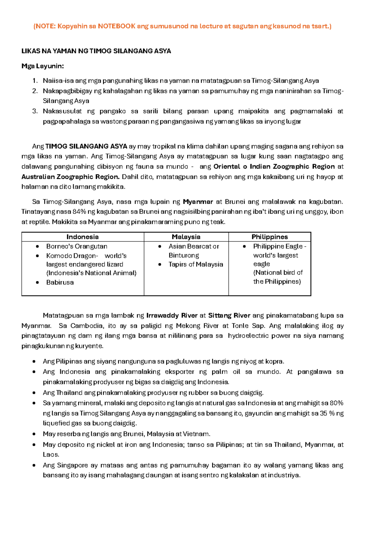 LIKAS NA YAMAN NG TIMOG SILANGANG ASYA: TSA Lecture Notes - Studocu