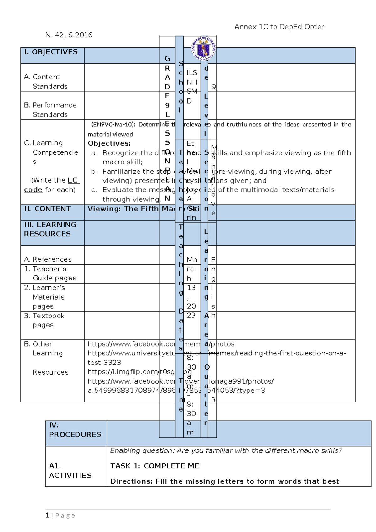 ENG 9 Lesson Plan: Viewing as the Fifth Macro Skill - Studocu