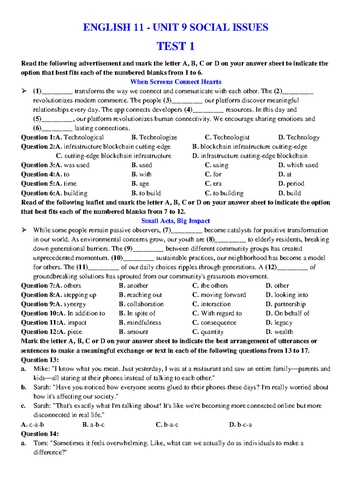 Grade 11 English 11 UNIT 9 TEST 1 - Social Issues Exam Insights - Studocu