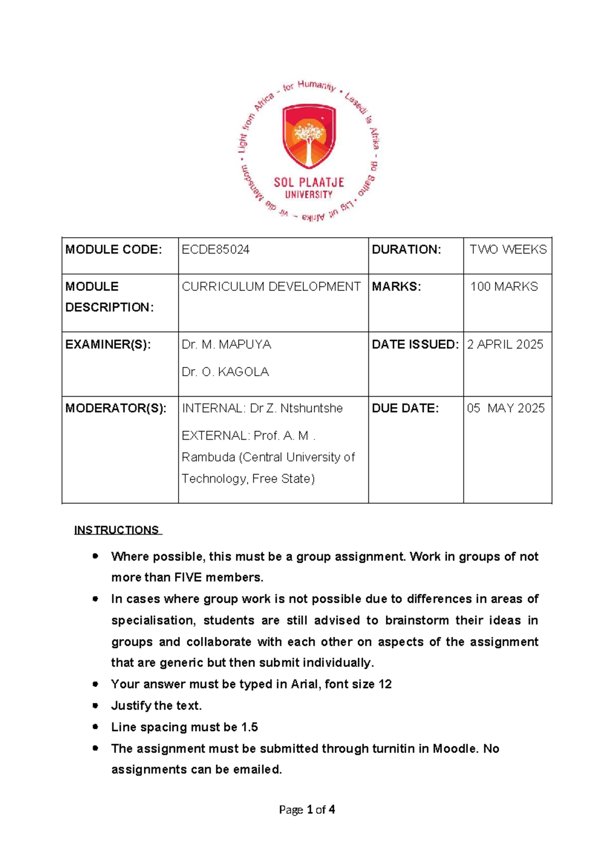 ECDE85024 Assignment 2 April 2025 - MODULE CODE: ECDE85024 DURATION ...