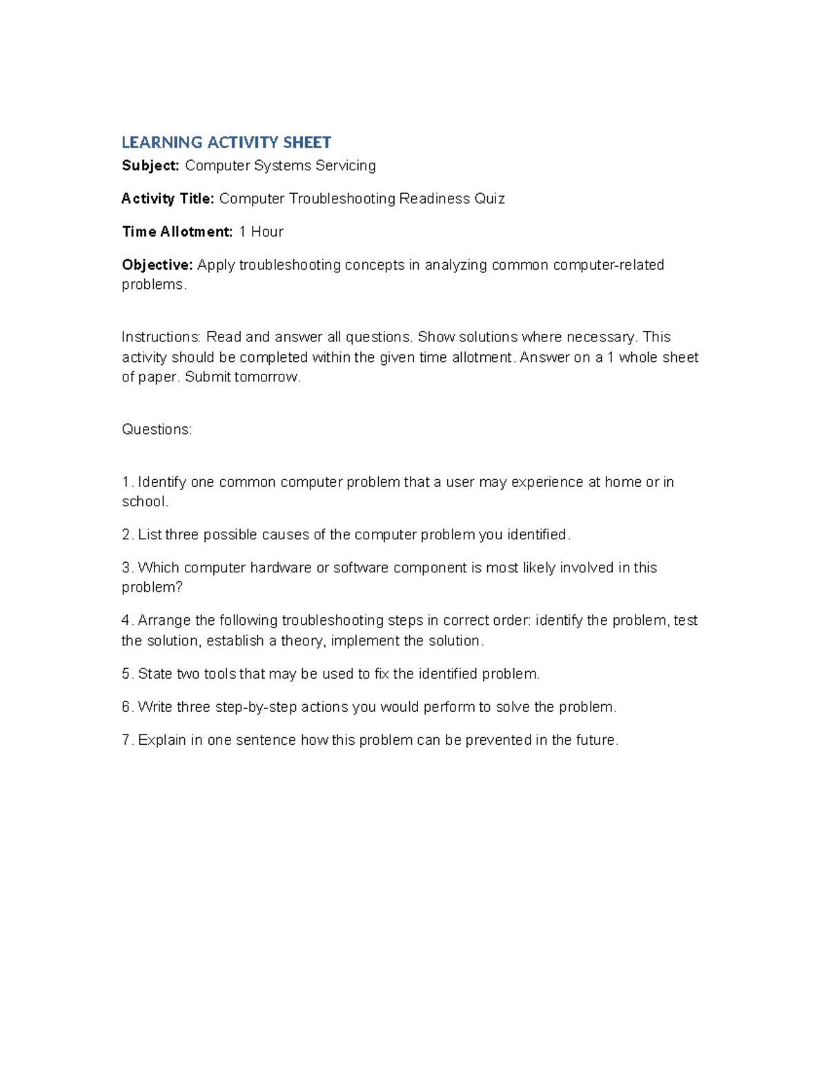 CSS 1 Hour LAS - Computer Troubleshooting Readiness Quiz - Studocu