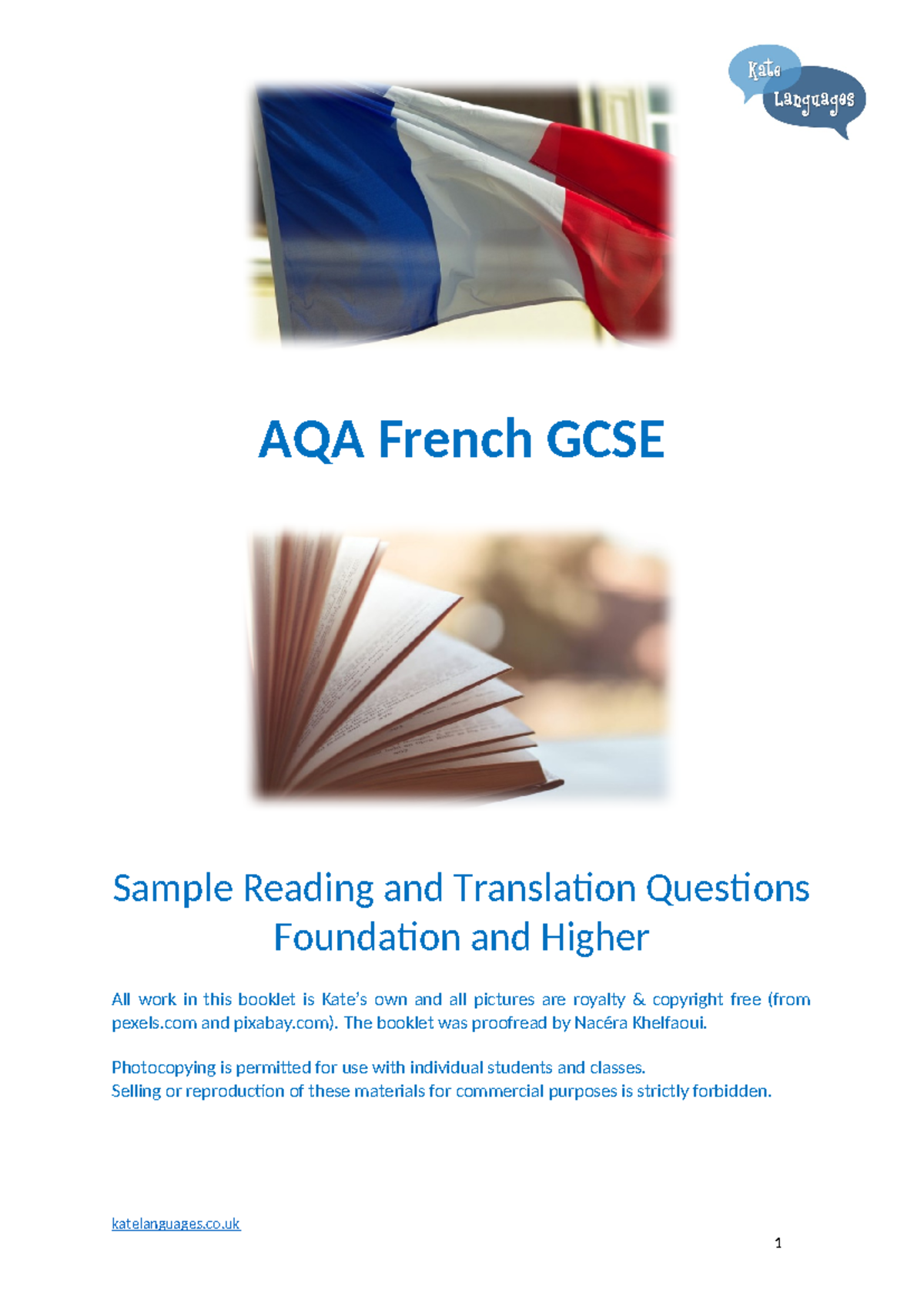 AQA French GCSE Reading Workbook: Exercises and Translations Guide ...