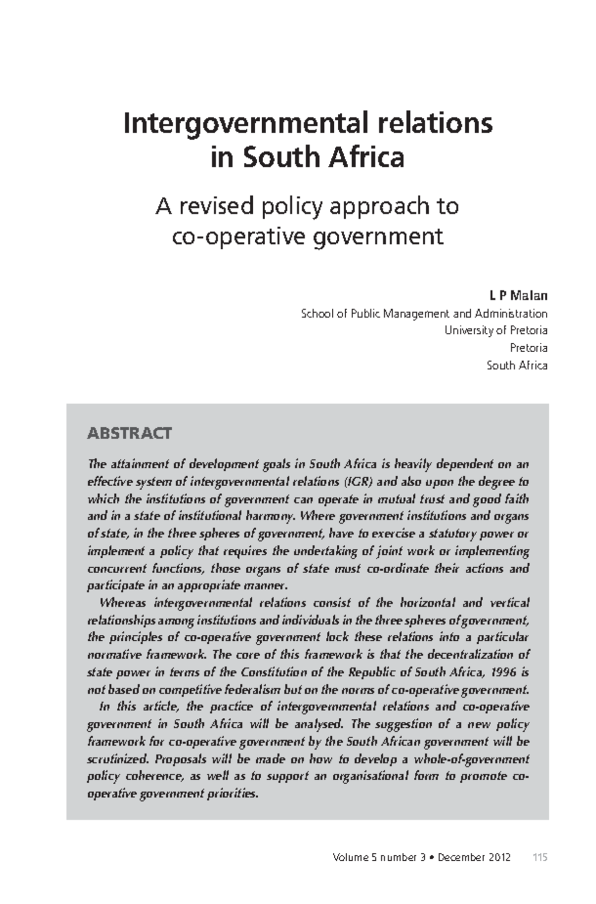 Revised Policy Analysis of IGR and Co-operative Governance in South ...