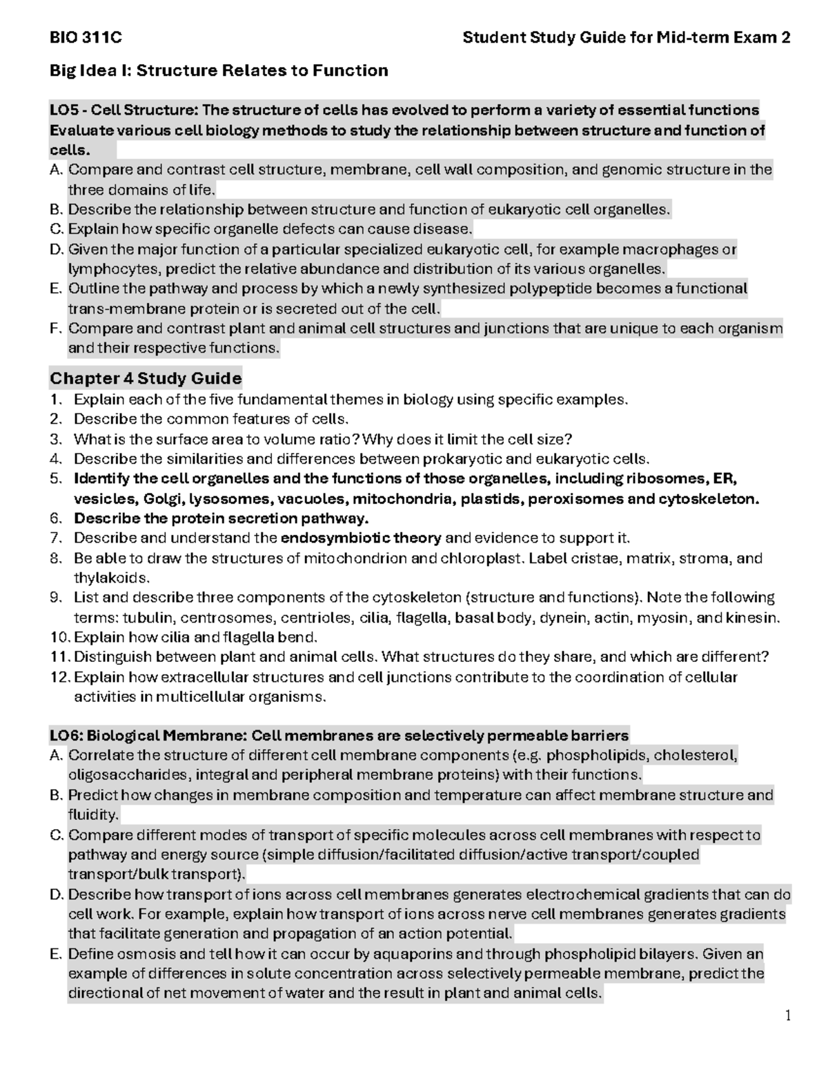 BIO 311C Midterm Exam 2 Study Guide: Cell Structure & Function - Studocu