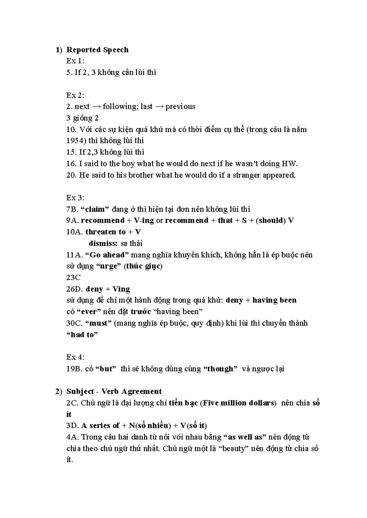 Chữa Bài Tập Tết: Reported Speech, Subject-Verb Agreement, Tense ...