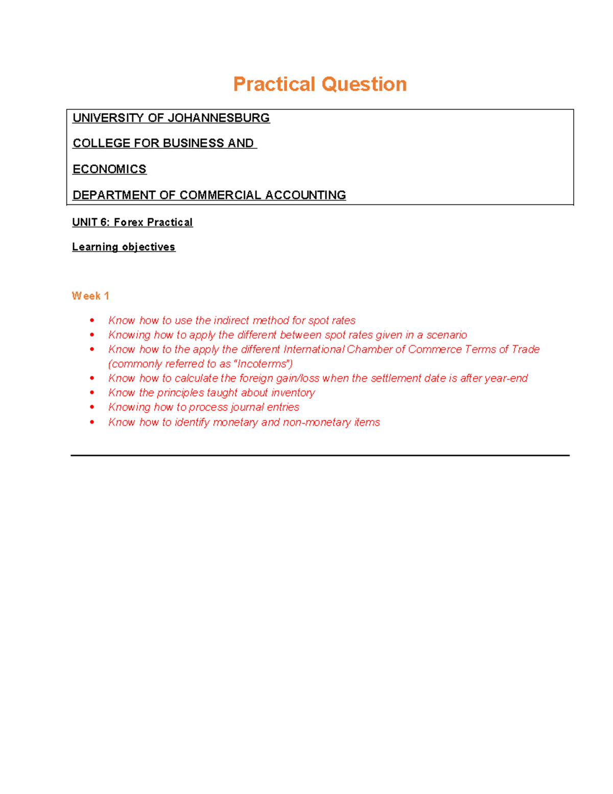 Forex Practical Question - UJ CBE ACC 6: Week 1 Learning Objectives ...