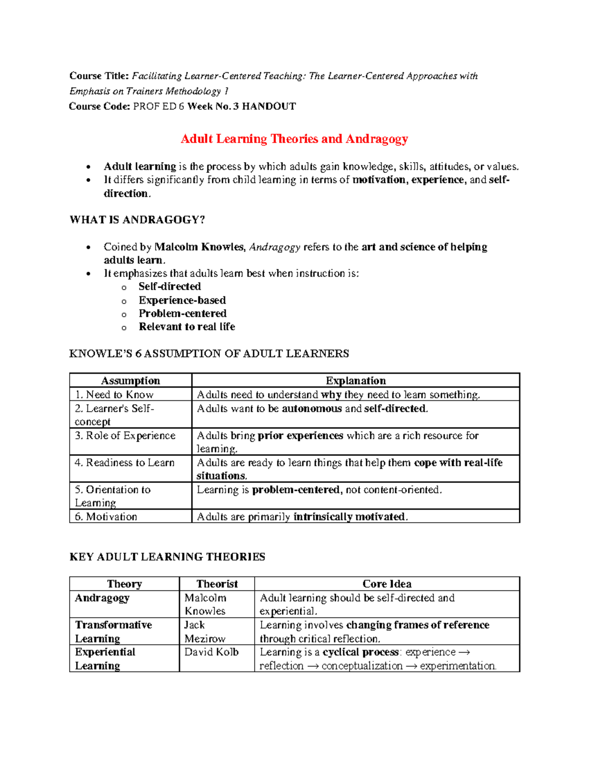 PROF ED 6 Week 3 Handout: Adult Learning Theories & Andragogy - Studocu