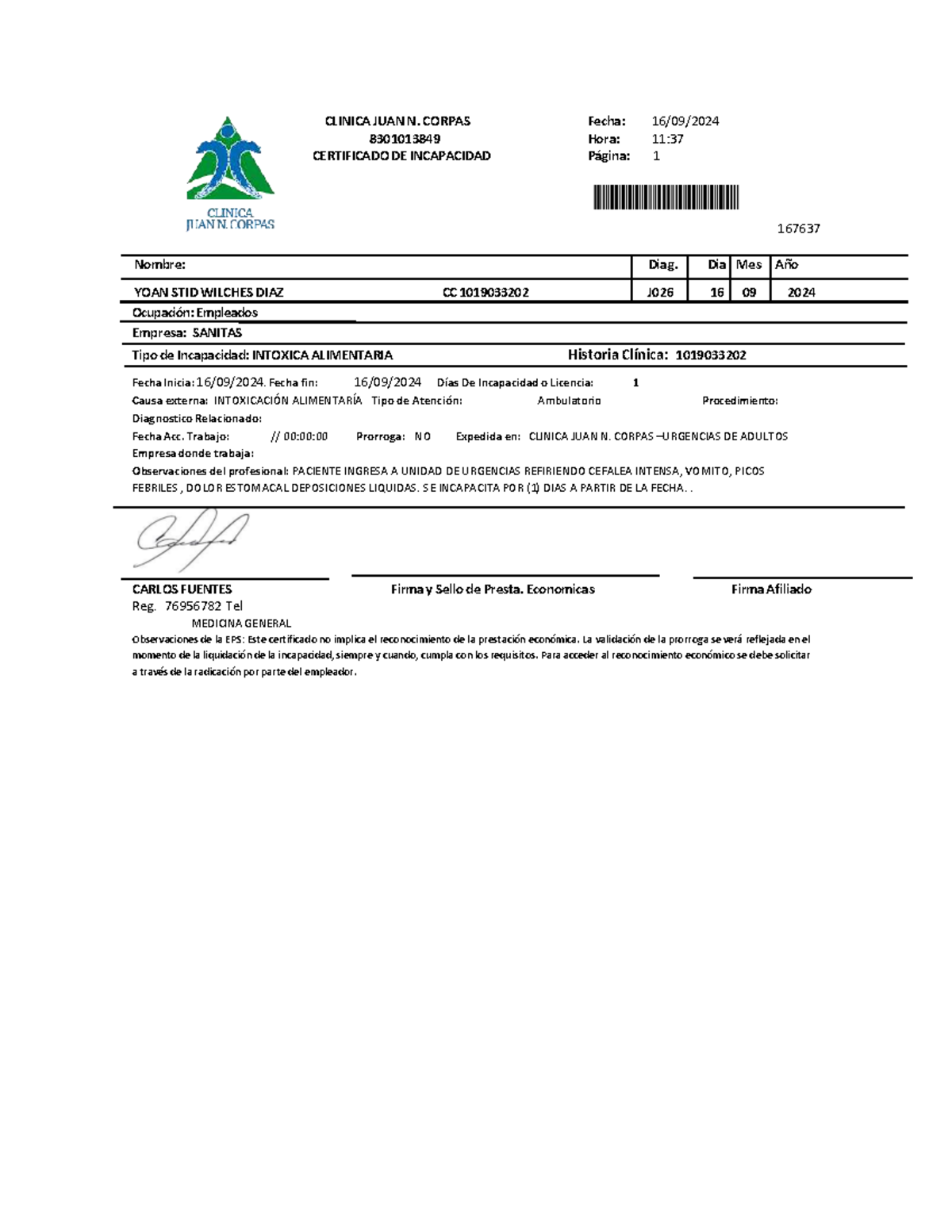 Certificado de Incapacidad - CLINICA JUAN N. CORPAS 8301013849 - Studocu