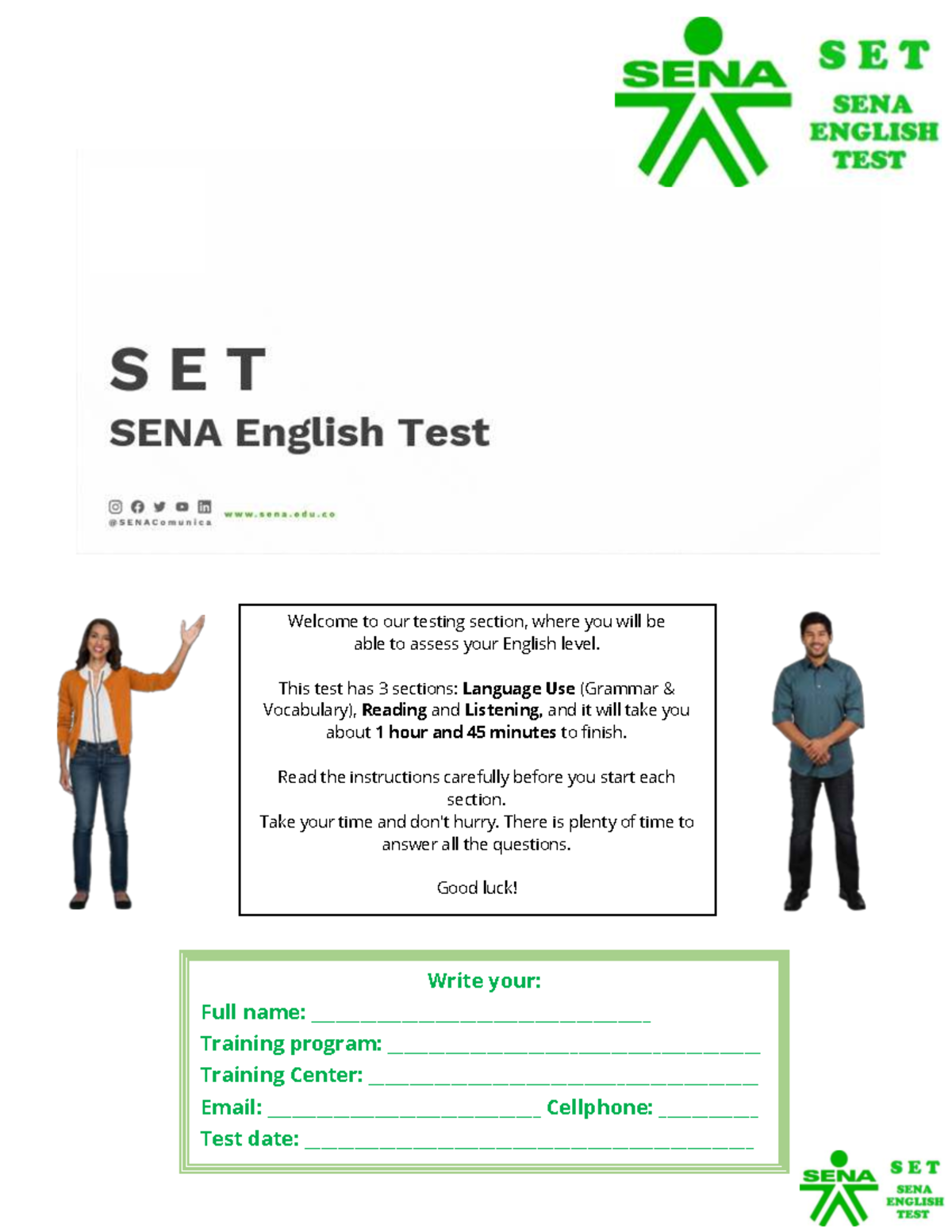 SET - English Level Assessment Test Instructions and Questions - Studocu