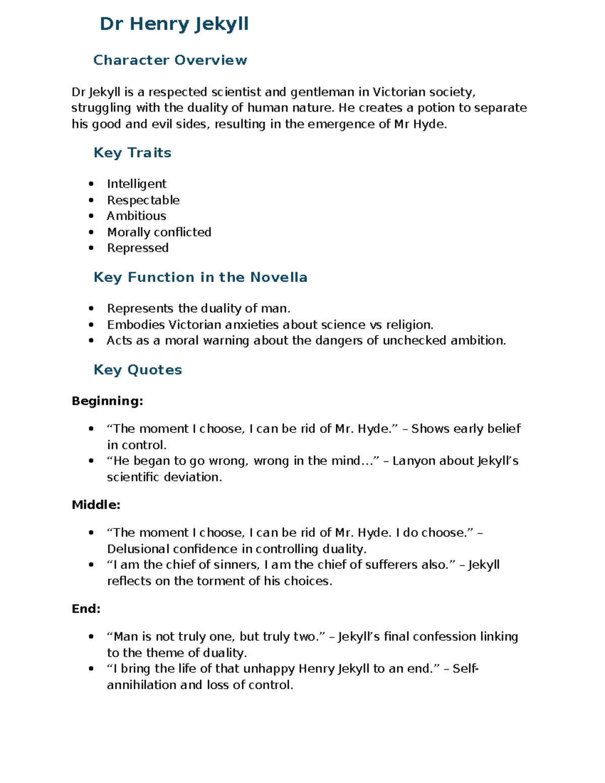 J+H Character Overview: Key Traits & Functions in the Novella - Studocu
