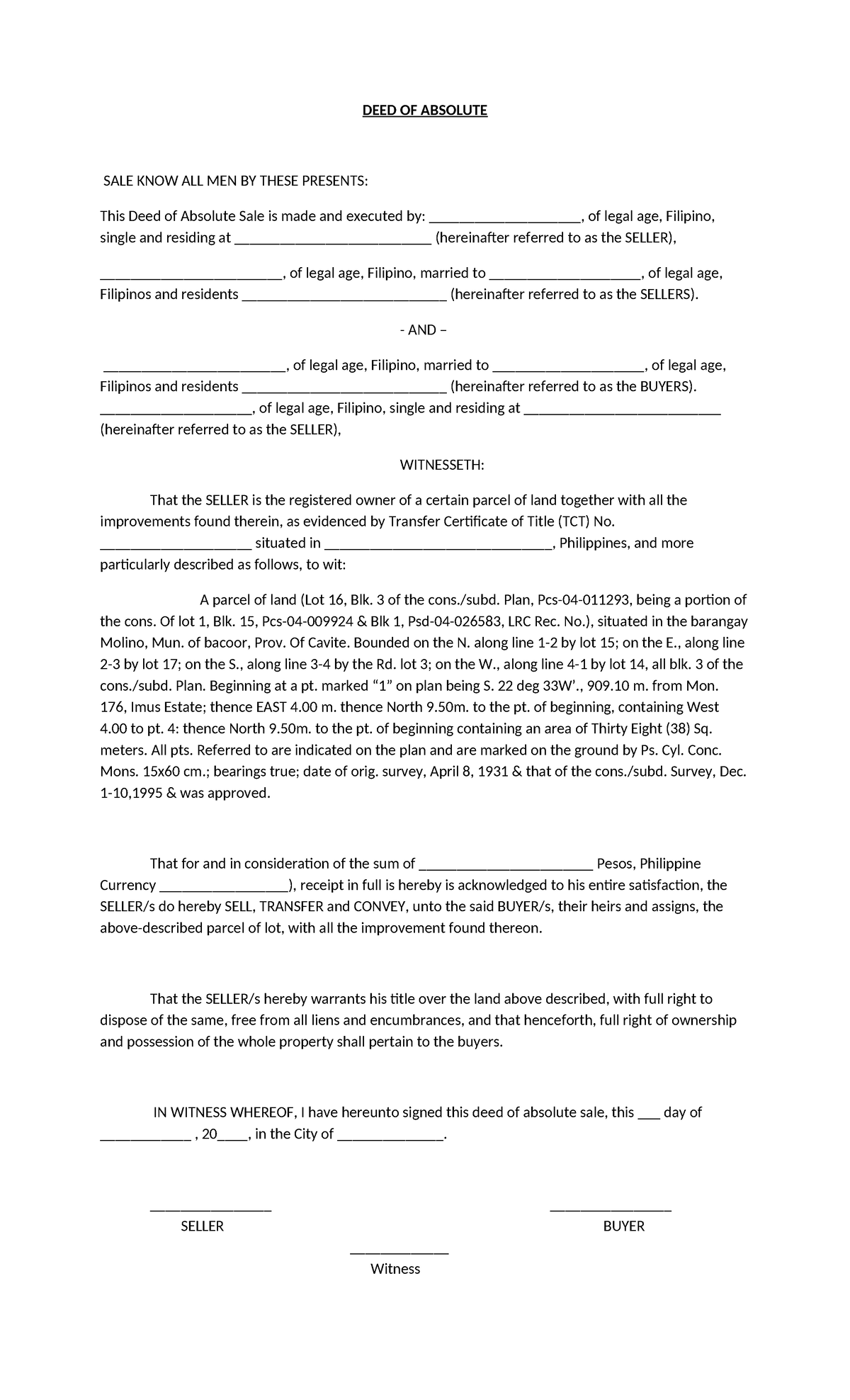DEED OF Absolute house and lot - DEED OF ABSOLUTE SALE KNOW ALL MEN BY ...