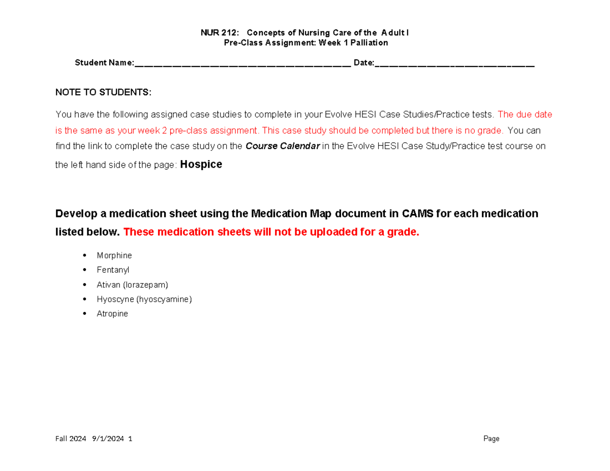 NUR 212 Week 1 Pre-Class Assignment- NUR 212: Concepts of Nursing Care ...