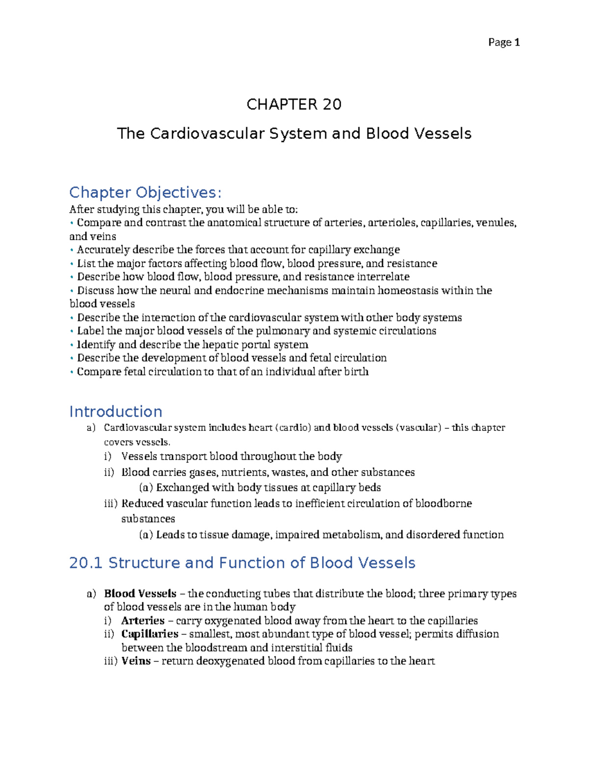 Chapter 20: The Cardiovascular System - Blood Vessels & Flow Dynamics ...